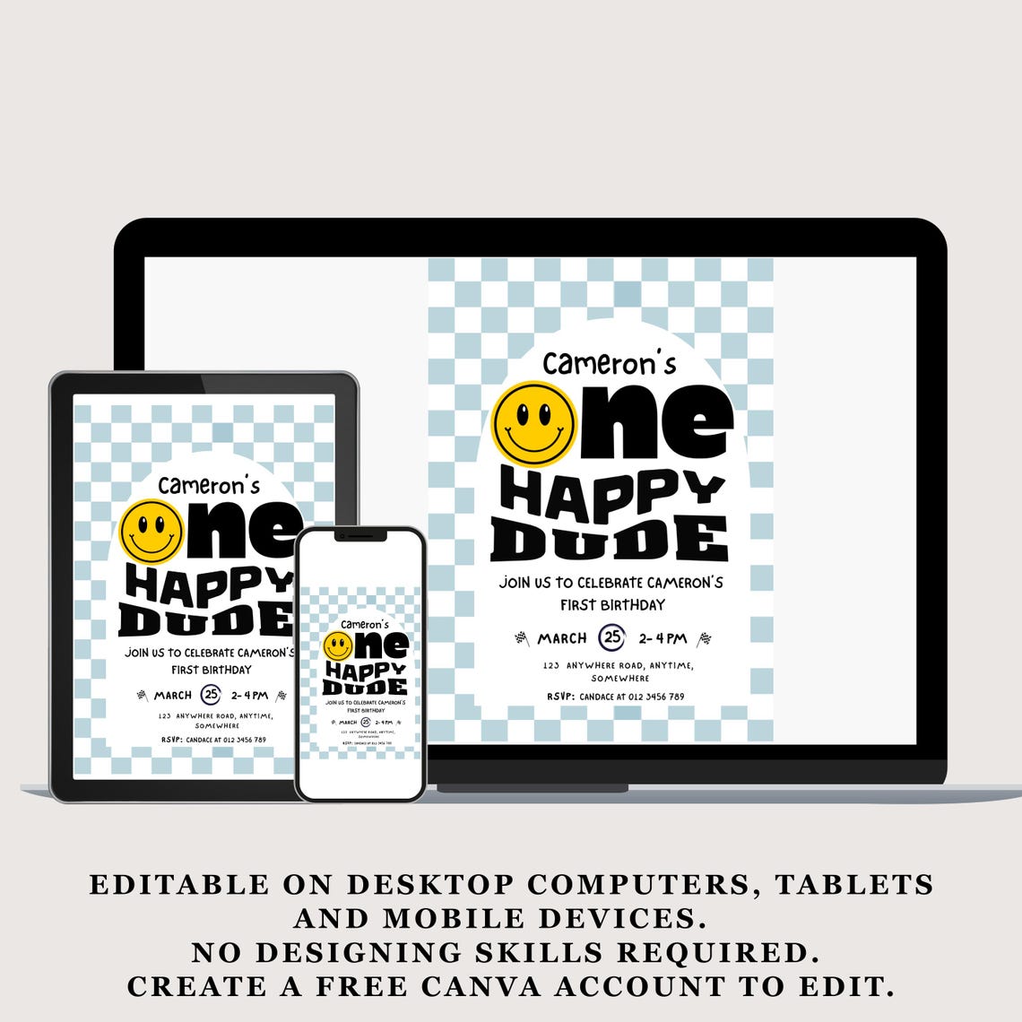 One Happy Dude Smiley Face First Birthday Invite, 1st Birtday Blue and ...