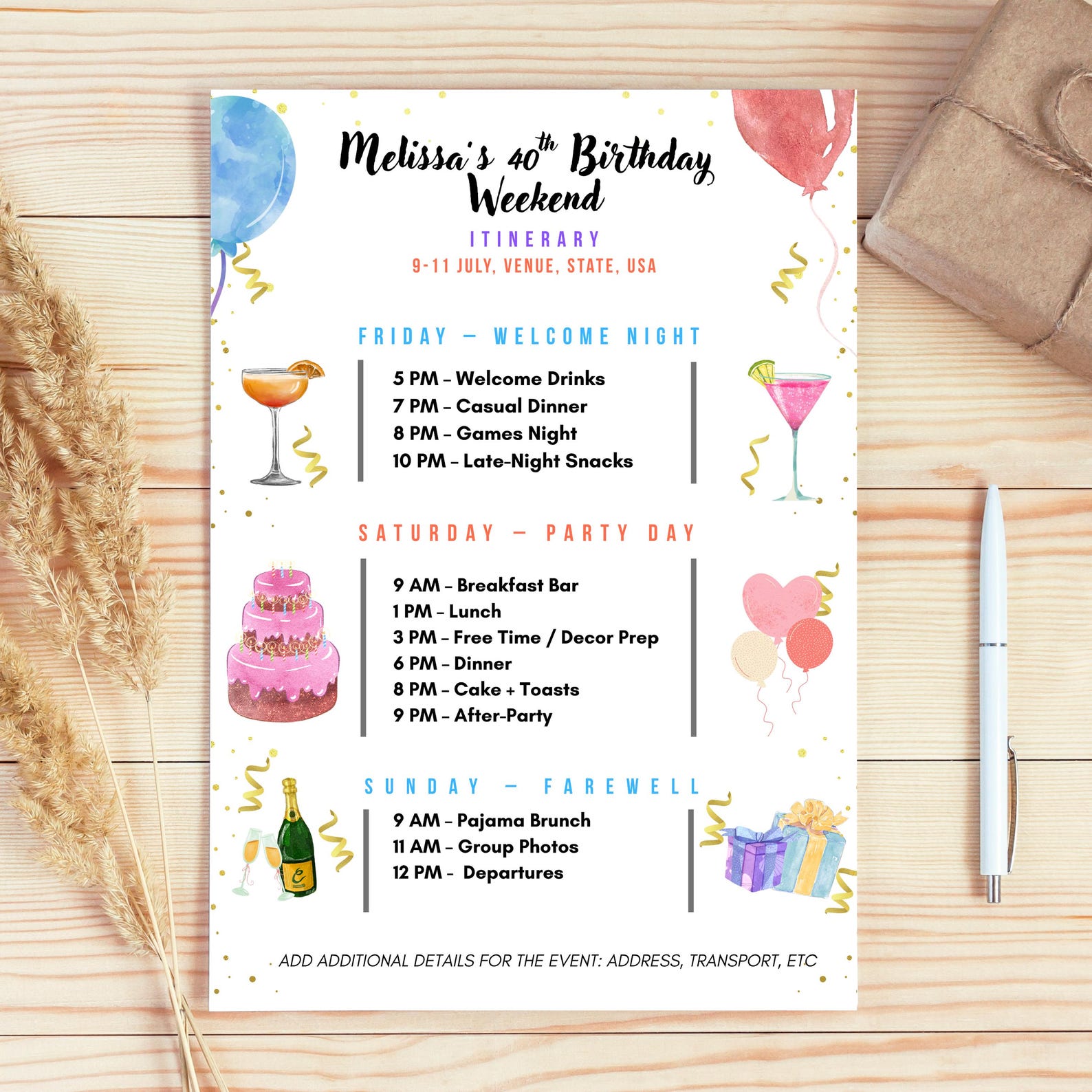 Birthday Weekend Itinerary Template,printable 40th Birthday Itinerary ...