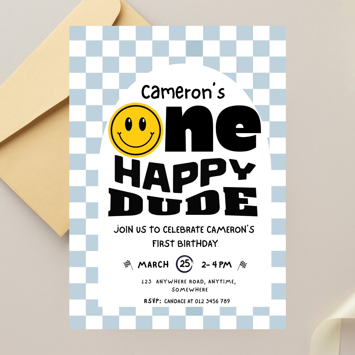 One Happy Dude Smiley Face First Birthday Invite, 1st Birtday Blue and ...