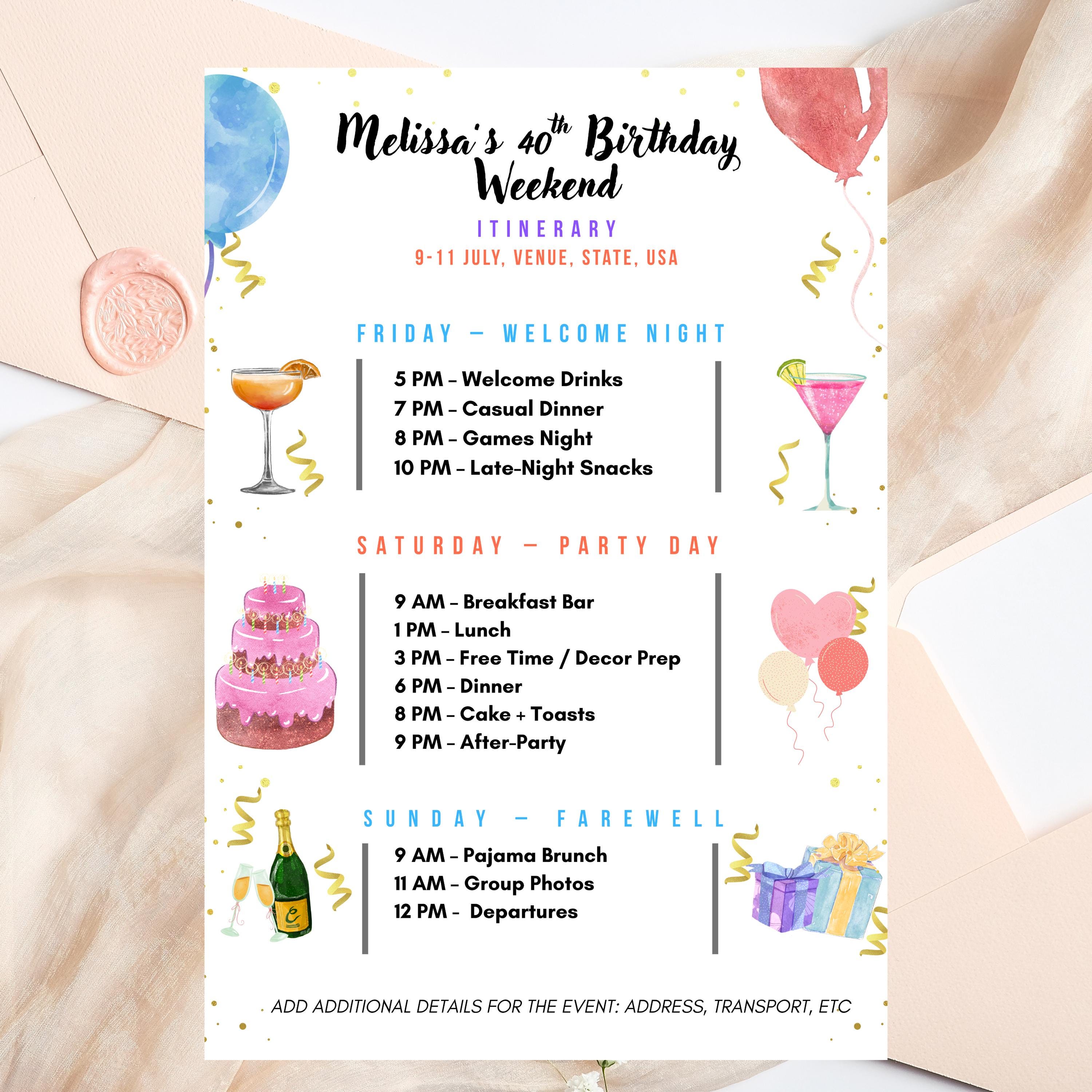 Birthday Weekend Itinerary Template,printable 40th Birthday Itinerary ...