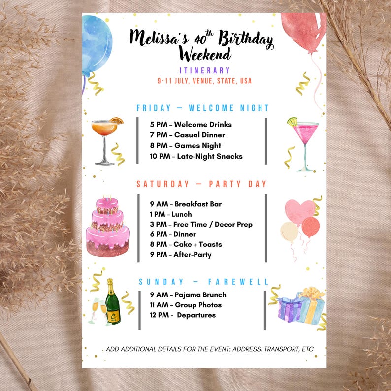 Birthday Weekend Itinerary Template,printable 40th Birthday Itinerary ...