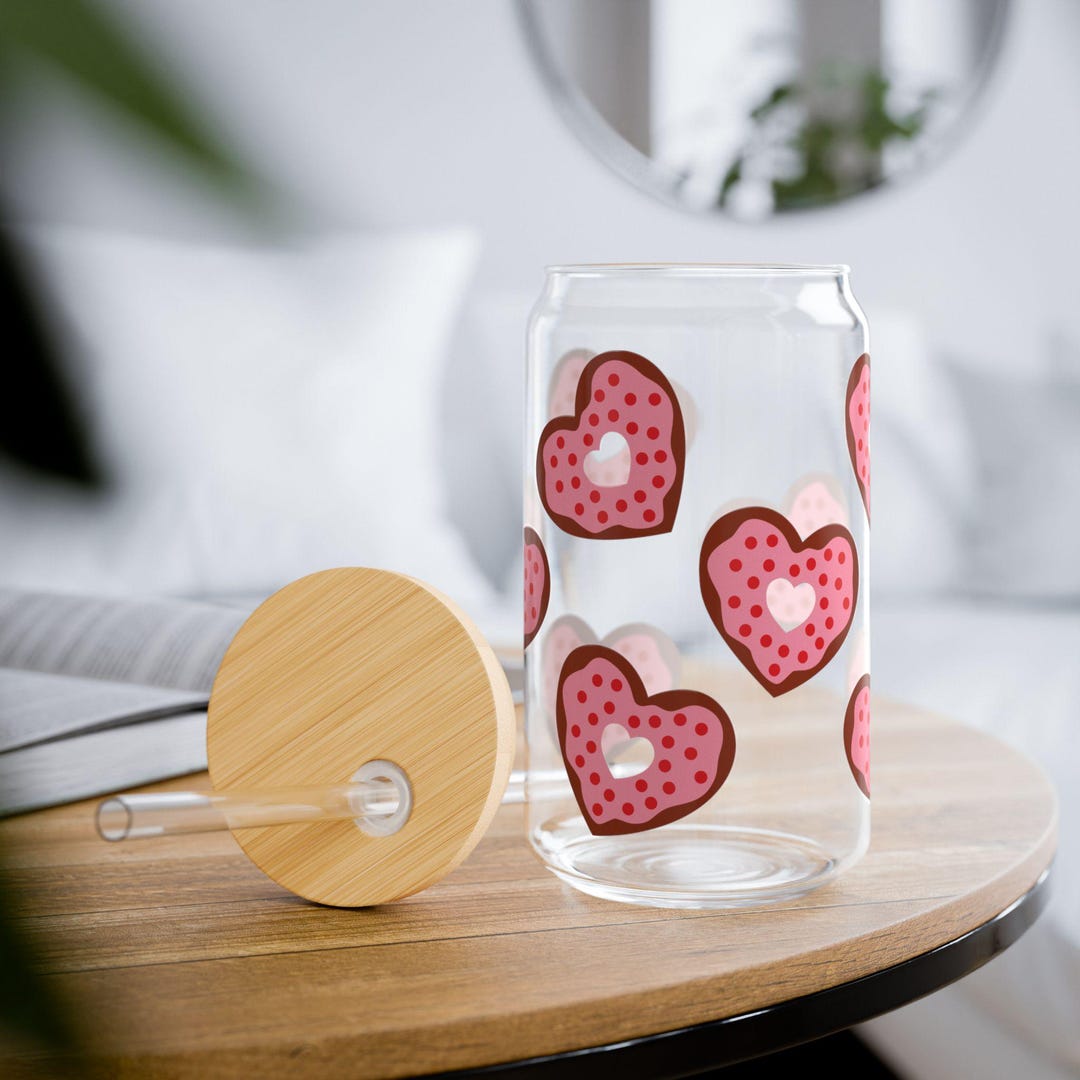 Pink Donut Hearts Sipper Glass 16oz | Clear Tumbler With Straw - Etsy