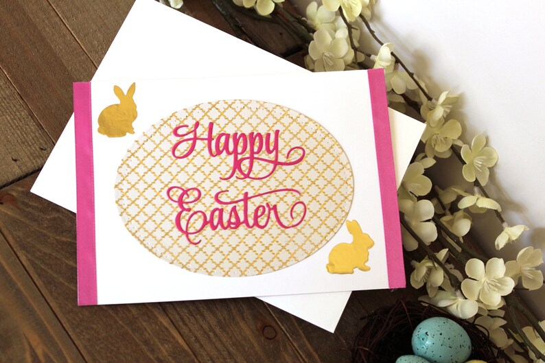 Easter Card Bunny Pink Gold White Ribbon Blank Inside - Etsy