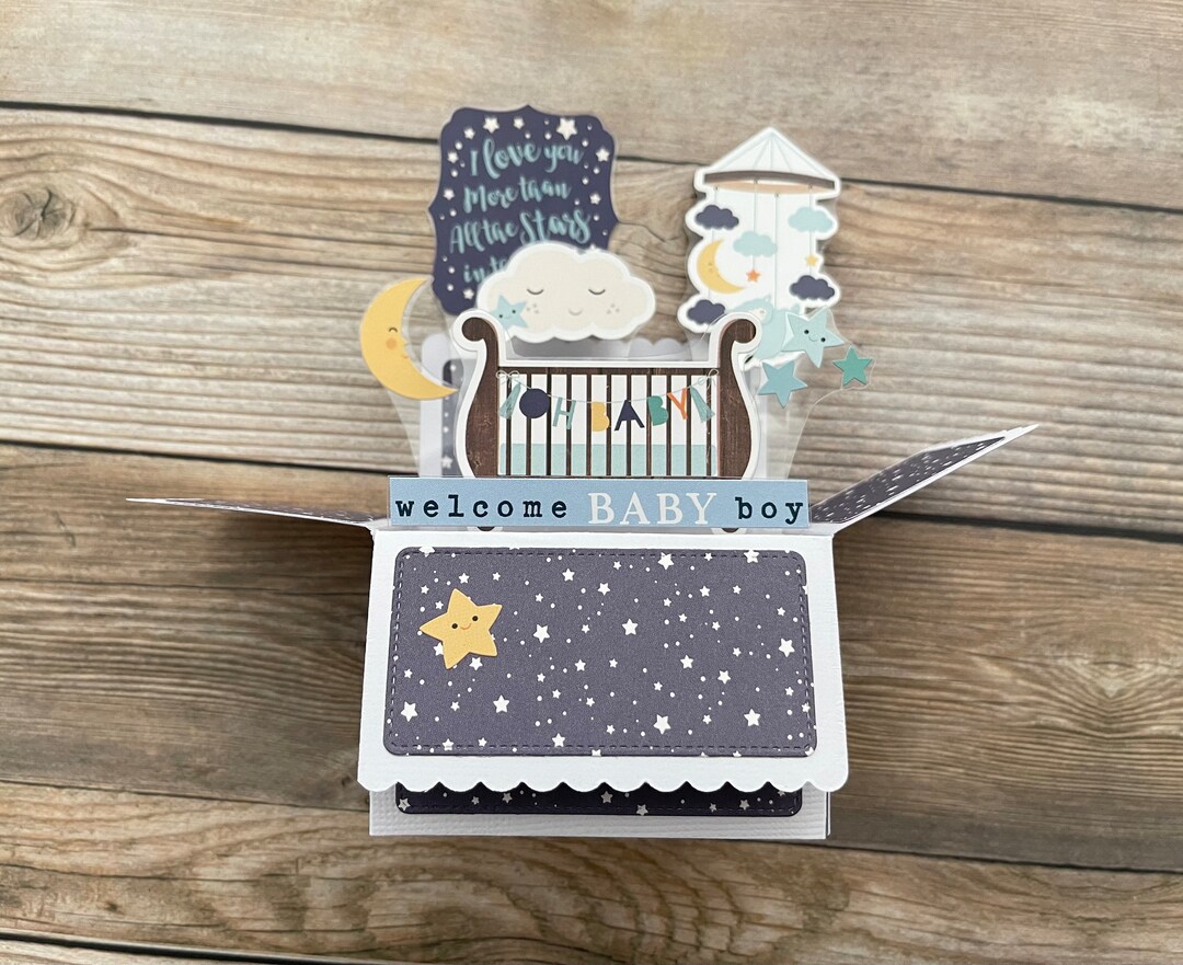3D Box Pop up Baby Boy Card L Bedtime Theme L Stars Clouds Crib Starts ...