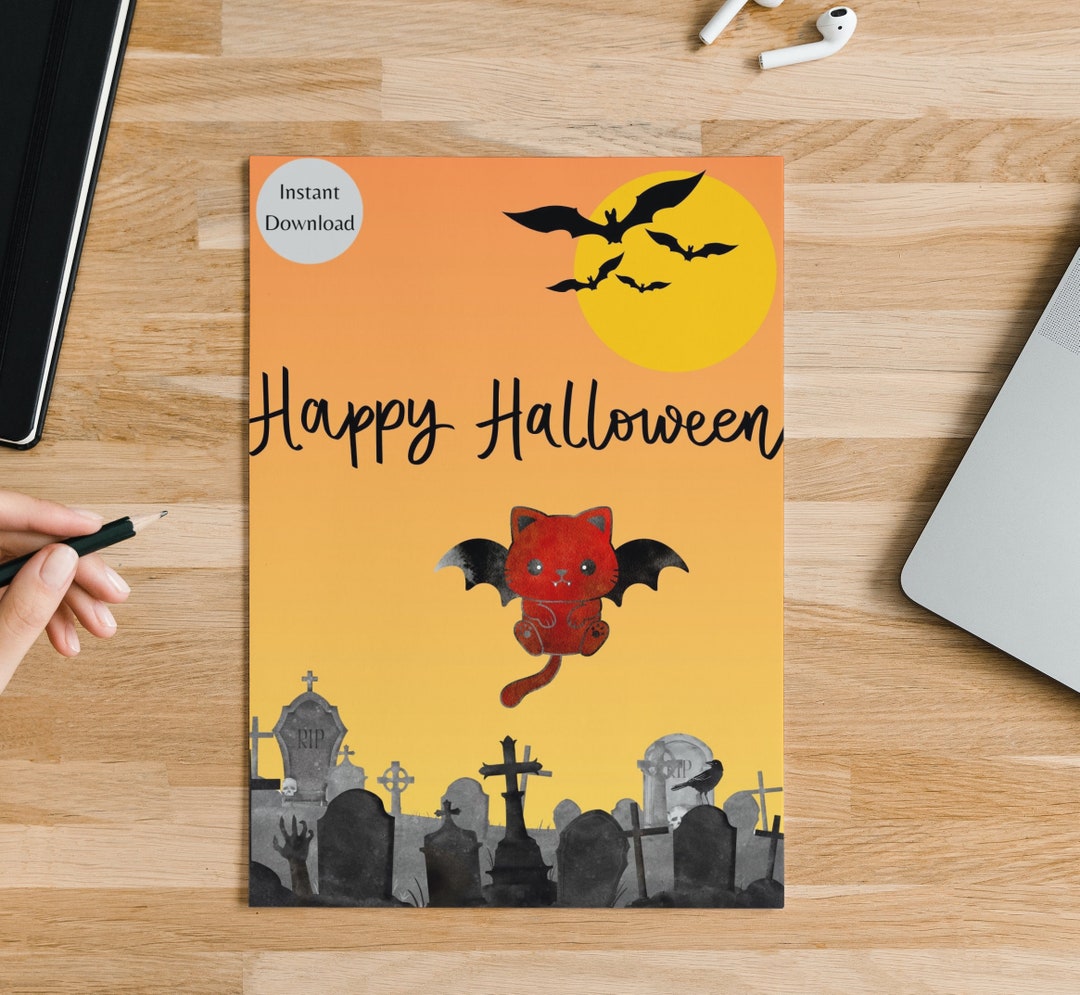 Cat Bat Halloween Card, 5x7 Card, Instant Download JPG/PNG/PDF, Print ...
