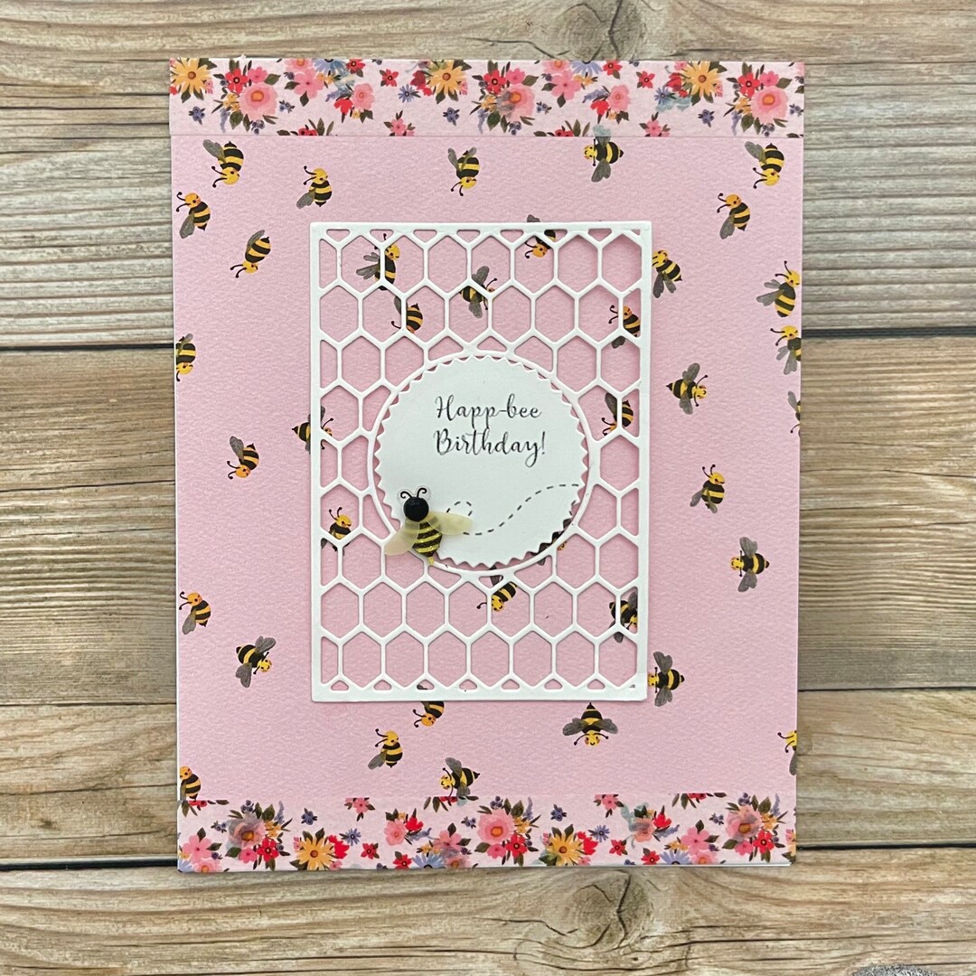 Birthday Card, Happ-bee Birthday, Bee Pun Card, White Pink Floral, Bee ...