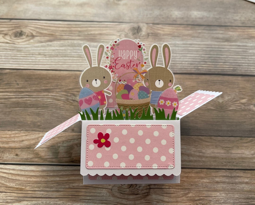 3D Box Pop up Easter Card L Bunnies Eggs Basket L Pink and White Polka ...