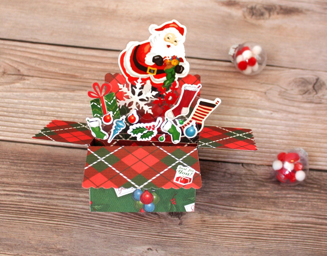 3D Box Pop up Christmas Card, Santa Toys Ornaments Snowflakes, Red ...