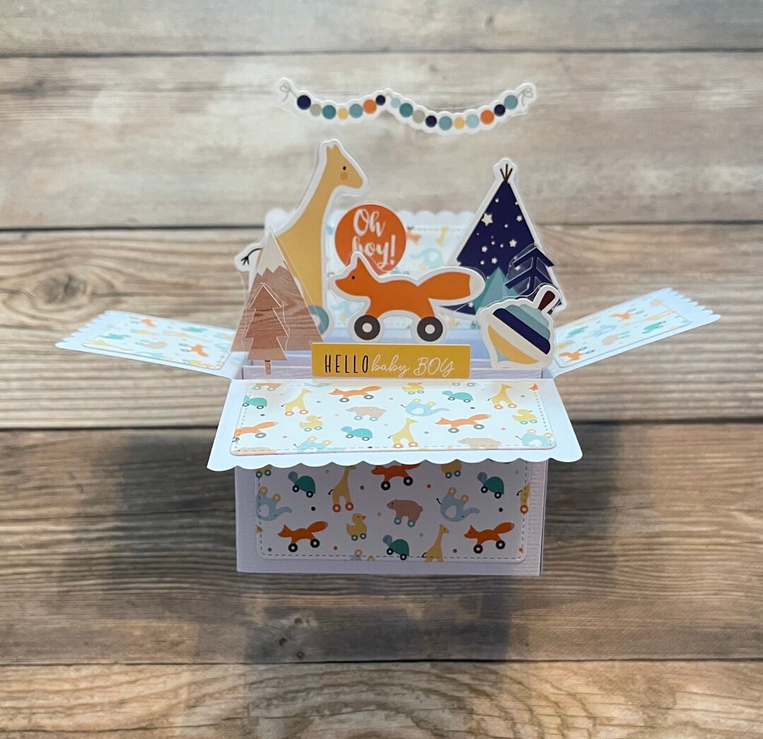3D Box Pop up Baby Card, Animal and Toy Theme, Hello Baby Boy, Boho ...