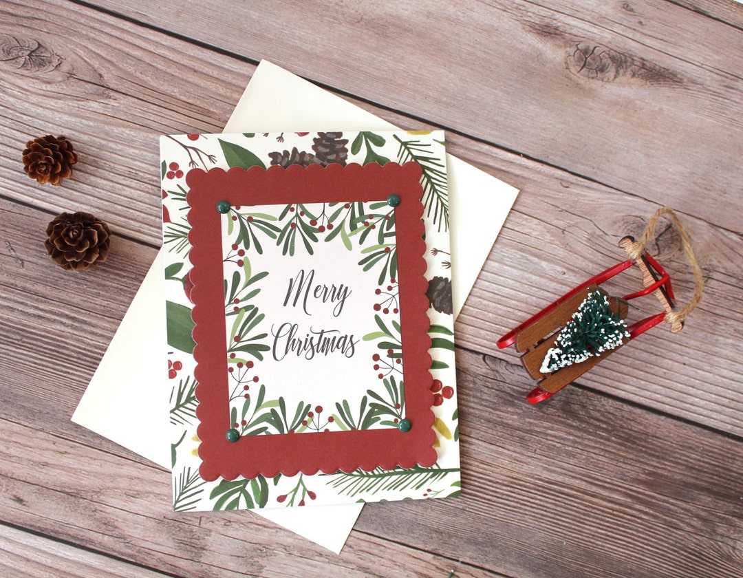 Christmas Card, Merry Christmas, Cranberry Green Beige, Holly Berries ...