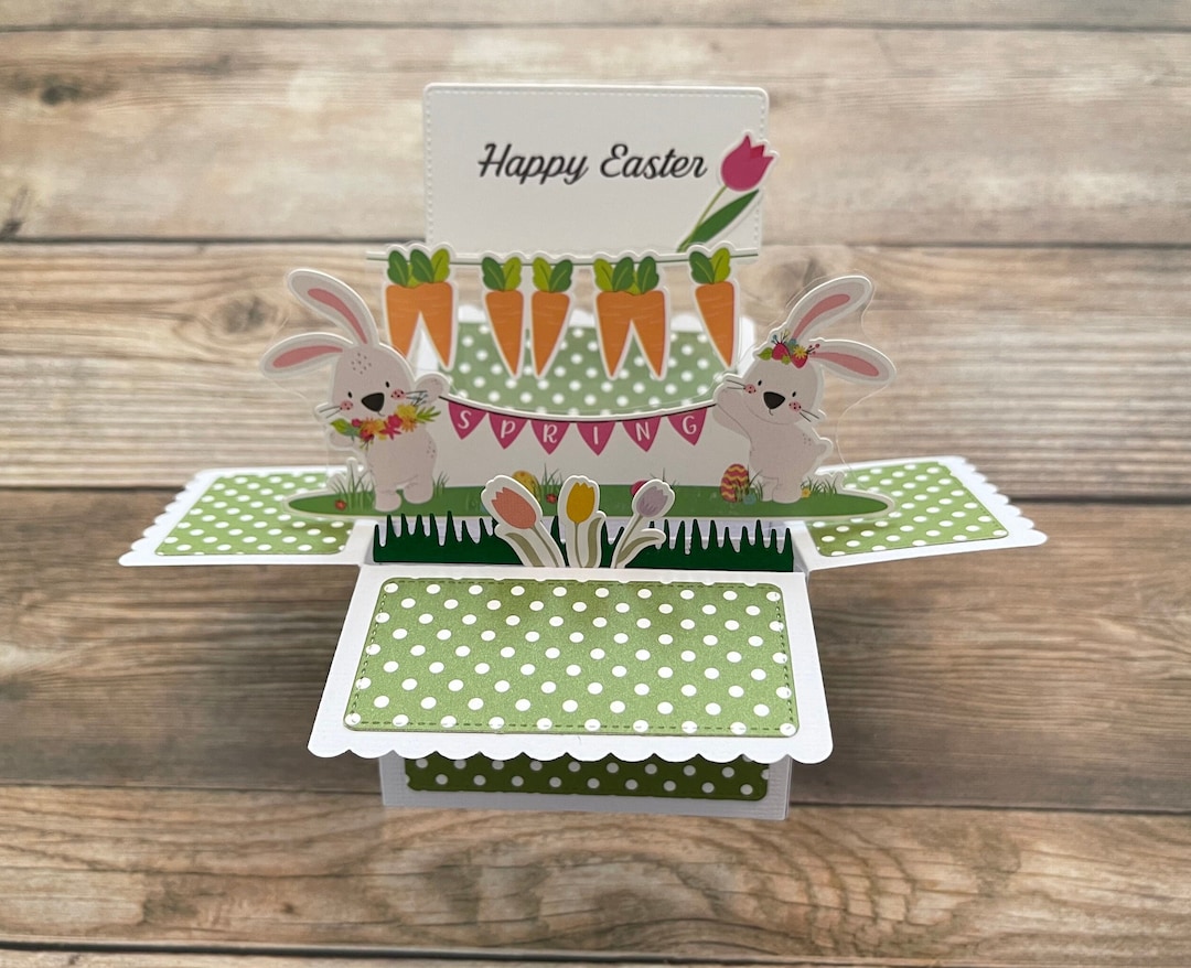 Boîte 3D Pop Up Carte de Pâques, Lapins Carottes Fleurs, Message du ...