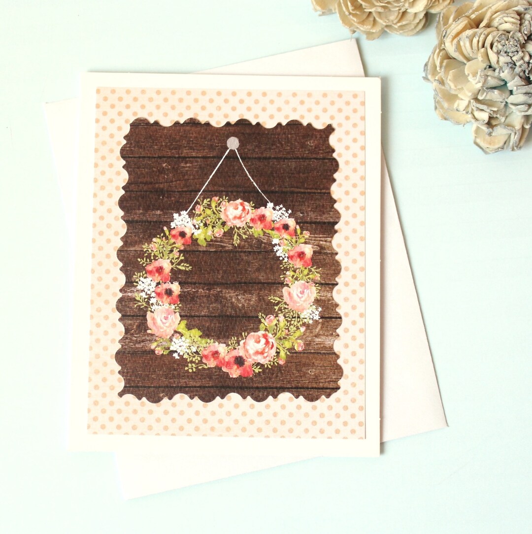 Rustic Style Card, Flower Wreath, Green Brown Pink off White, Blank ...