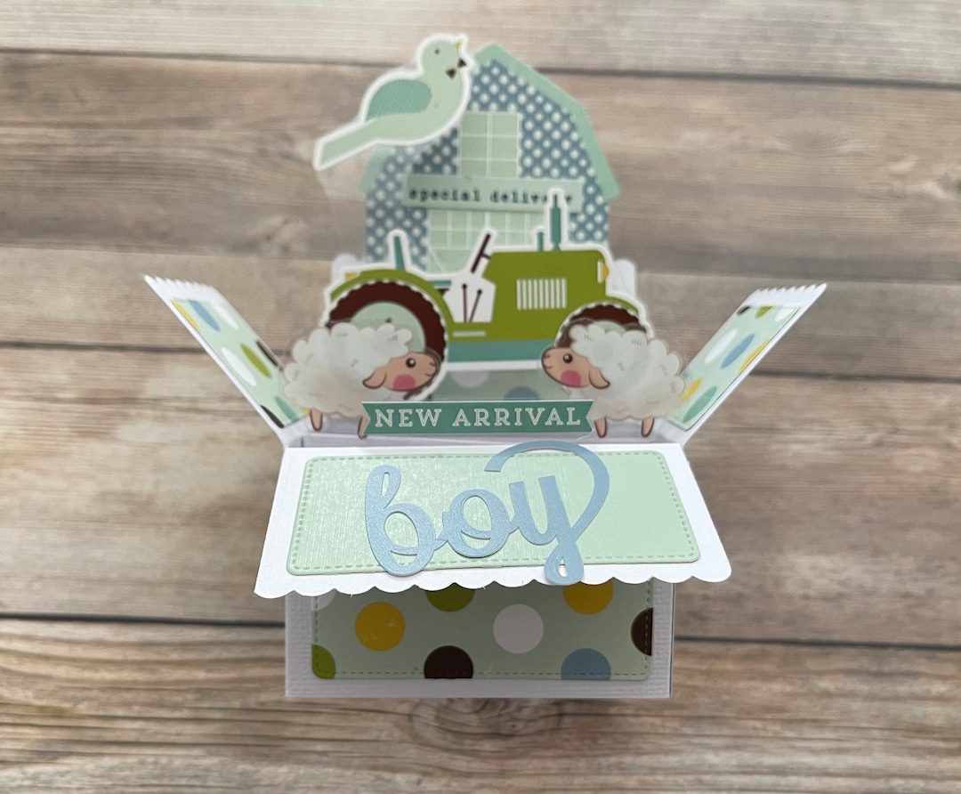 3D Box Pop up Baby Boy Card, Farm Theme, Barn Tractor Sheep Bird ...