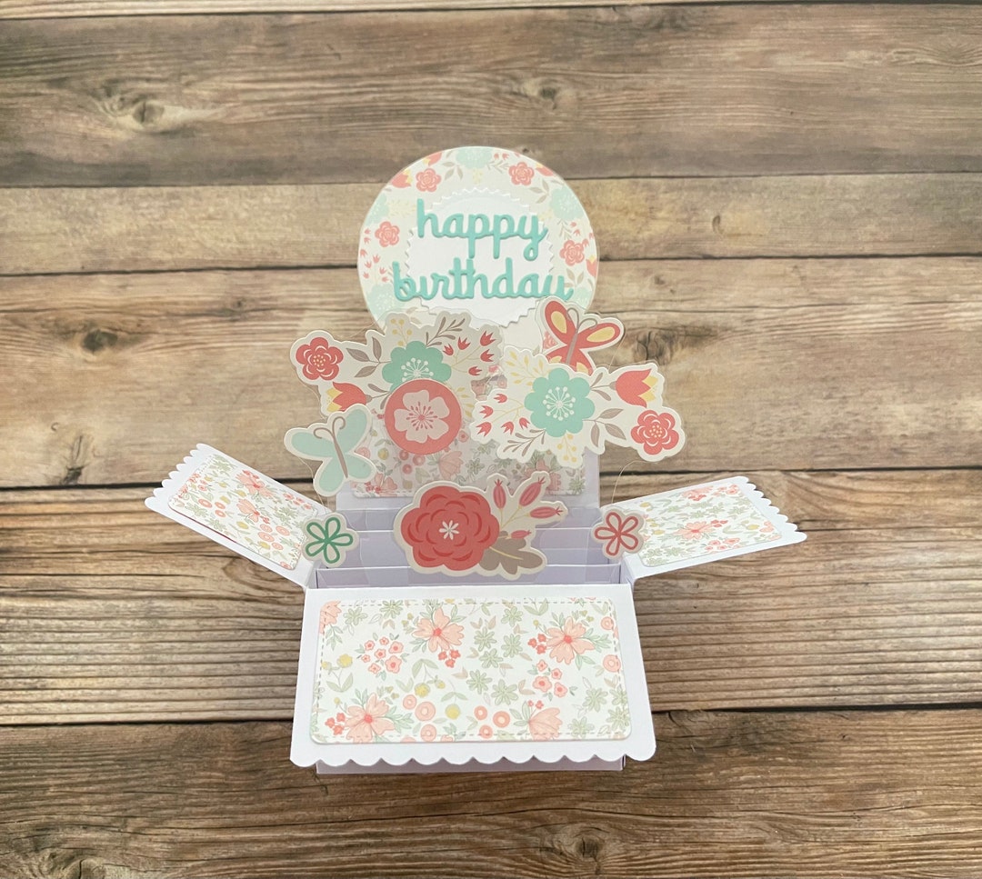 3D Box Pop up Birthday Card L Pastel Floral Theme L Pink Blue and White ...