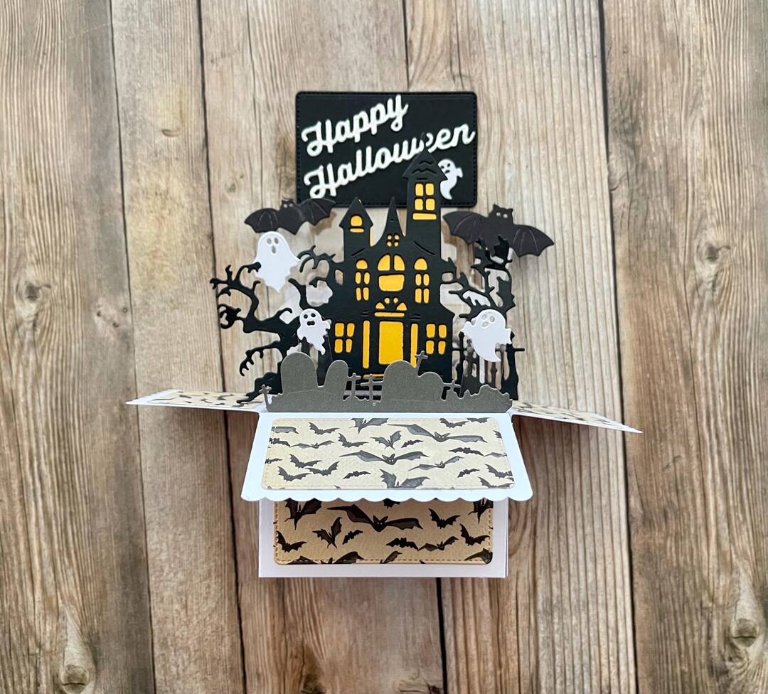 3D Box Pop up Halloween Card L Haunted House L Graveyard L Ghosts Bats ...