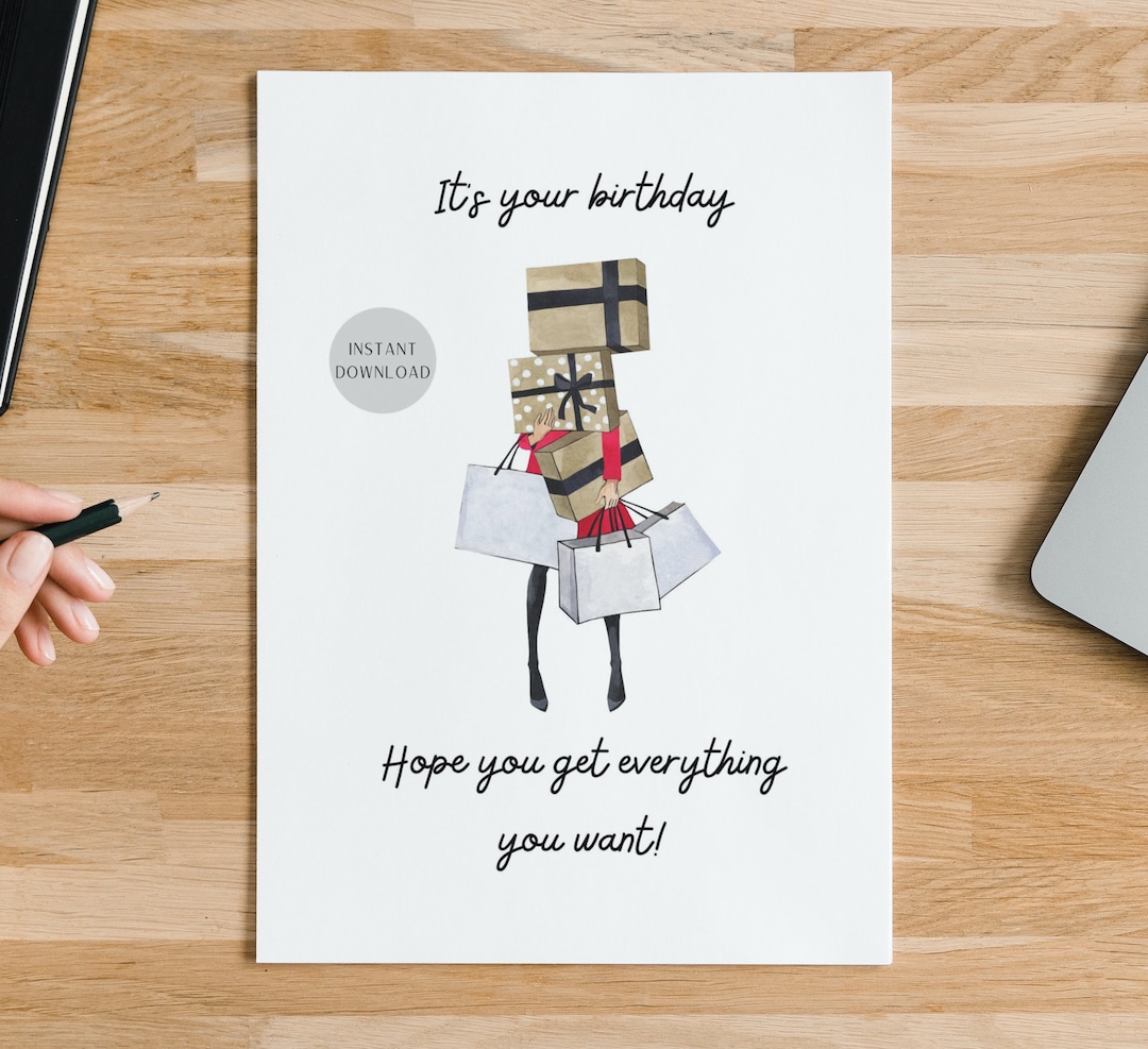 Print at Home Birthday Card Shopping Girl Fashionista Hope - Etsy