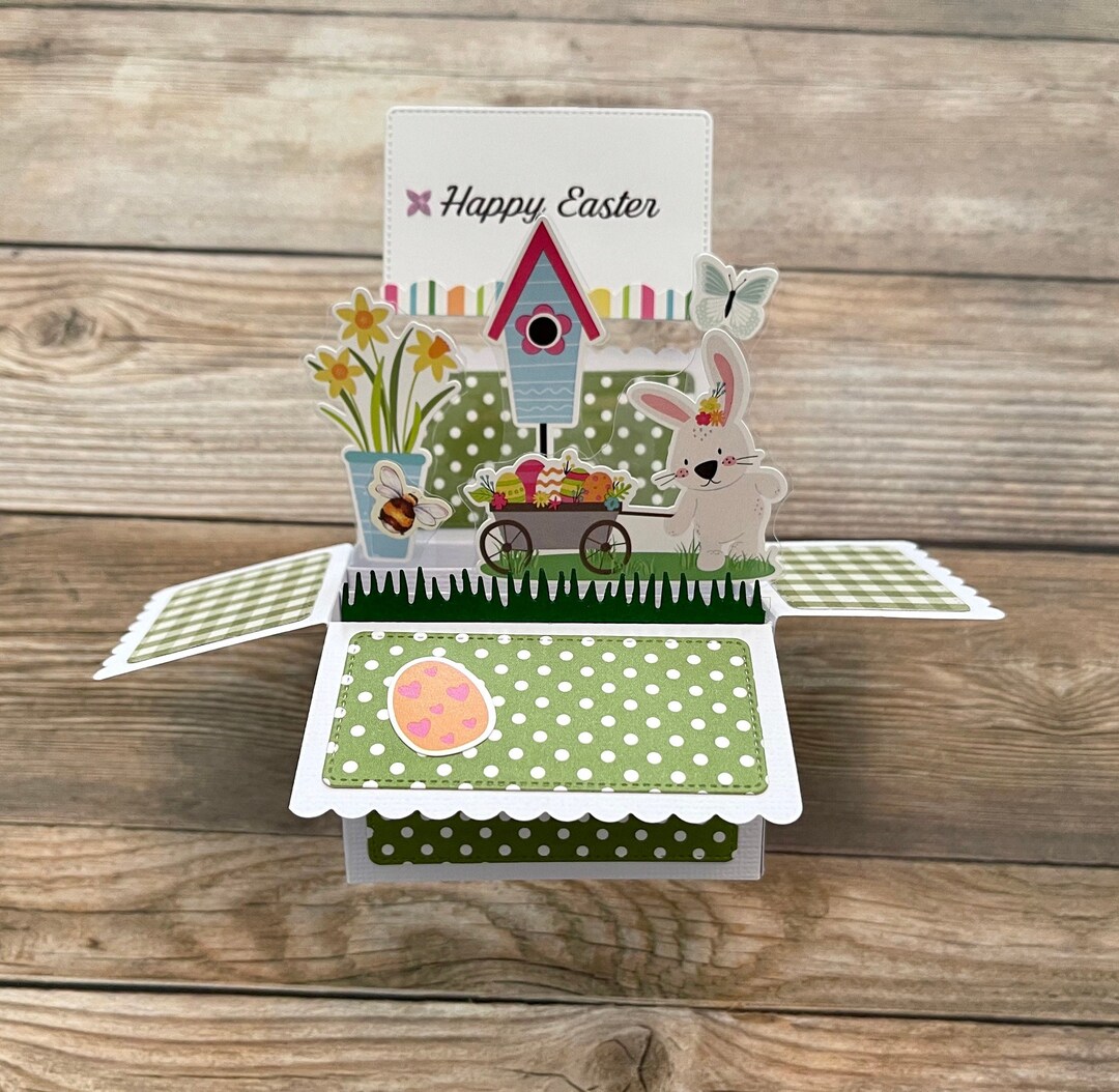 3D Box Pop up Easter Card, Bunny Eggs, Spring Theme, Daffodils, Bird ...