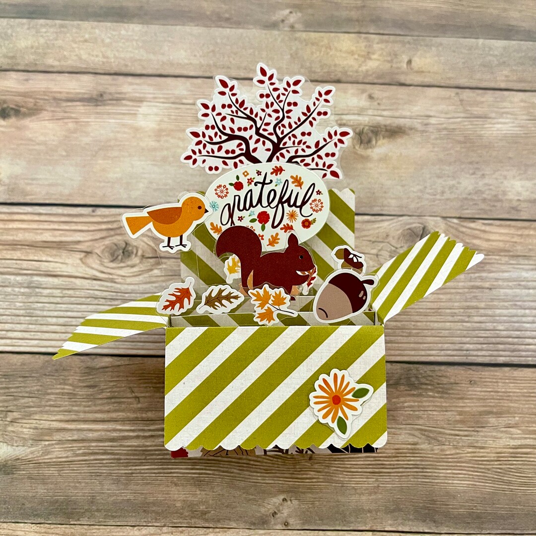 3D Box Pop up Thanksgiving Card L Woodland Theme L Squirrel Bird Tree L ...