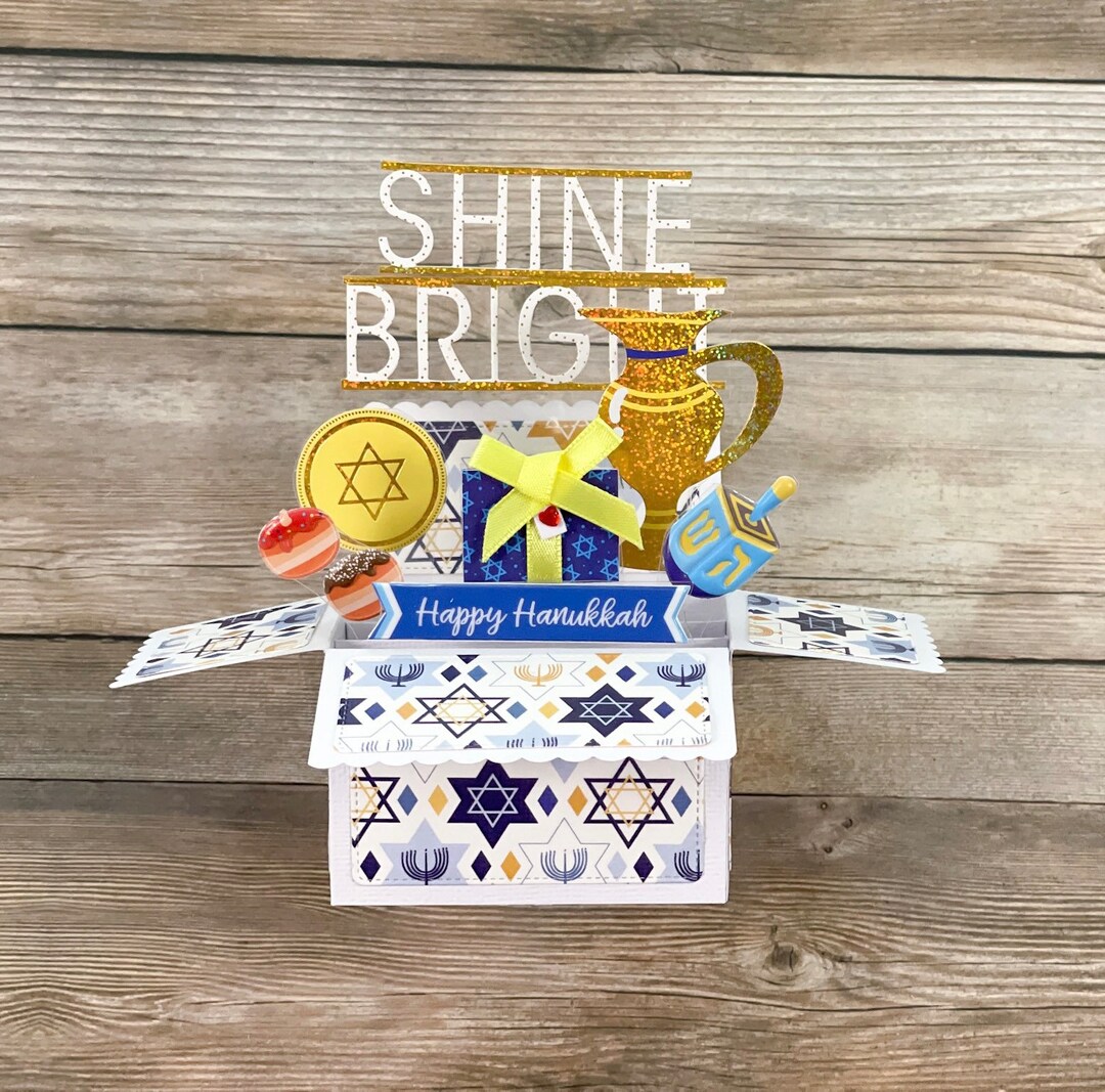 3D Box Pop Hanukkah Card, Menorah Gelt Dreidel Gifts, Blue White Yellow ...