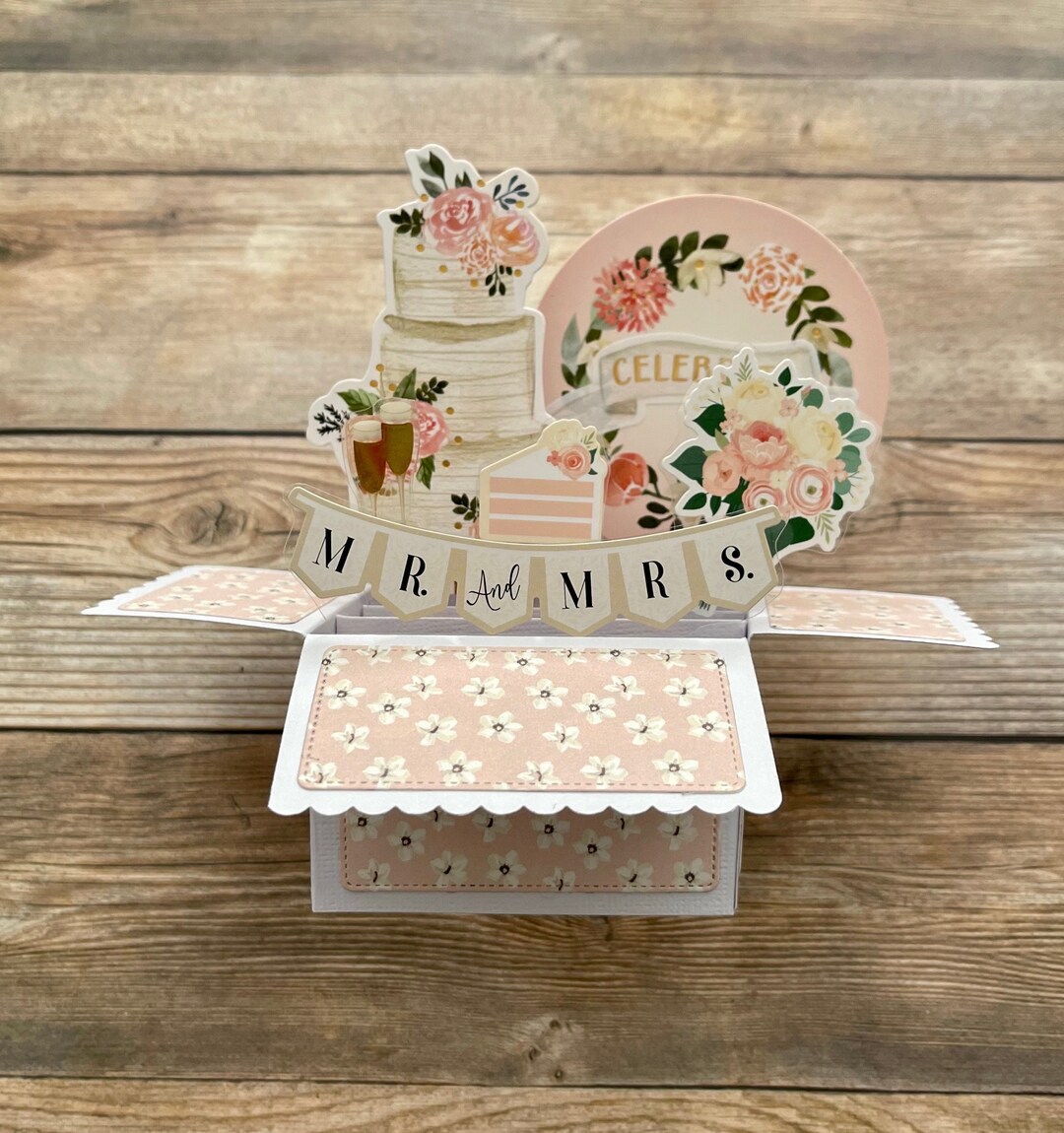 3D Box Pop up Wedding Card, Pink White and Green, Banner Mr Mrs Cake ...
