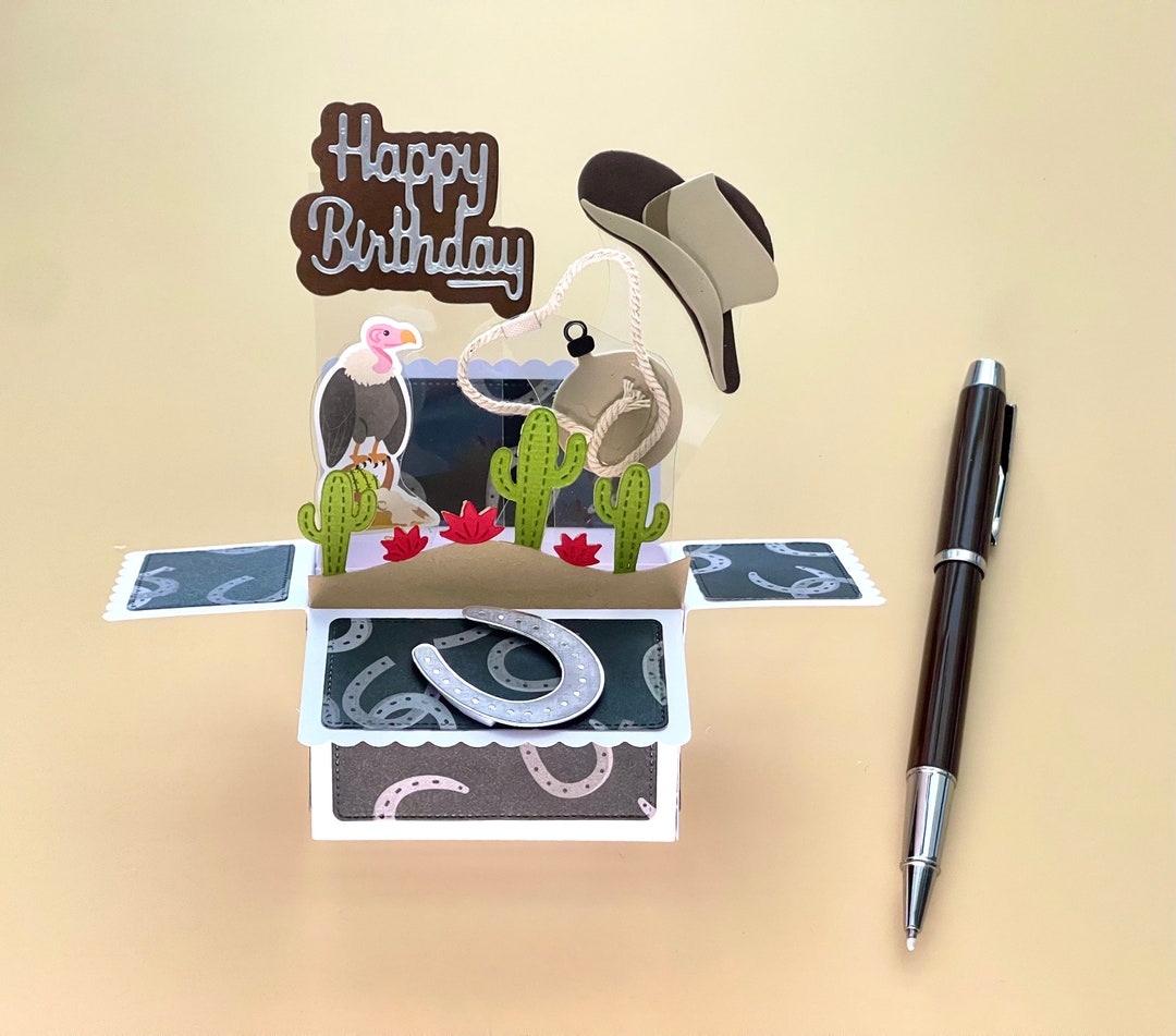 3D Box Pop up Birthday Card, Cowboy Theme, Cowboy Hat, Canteen, Vulture ...