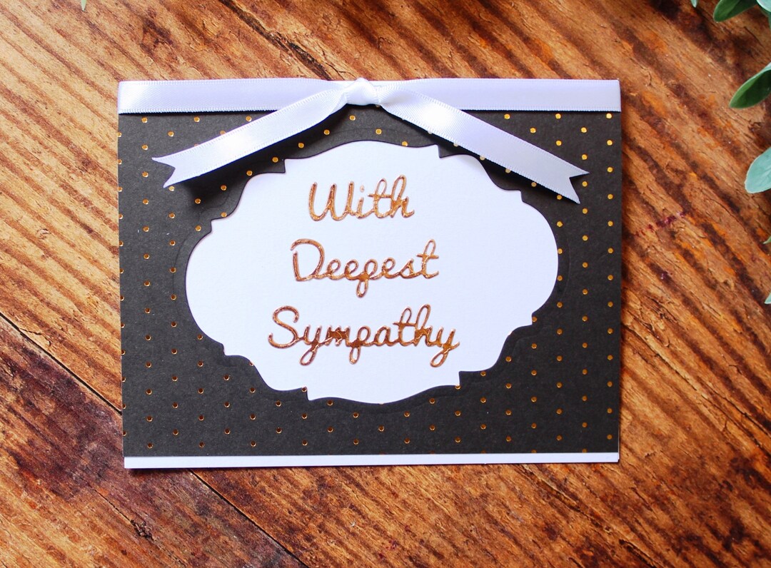 Sympathy Card, Condolences, Black White Gold, Polka Dots, Ribbon Bow ...