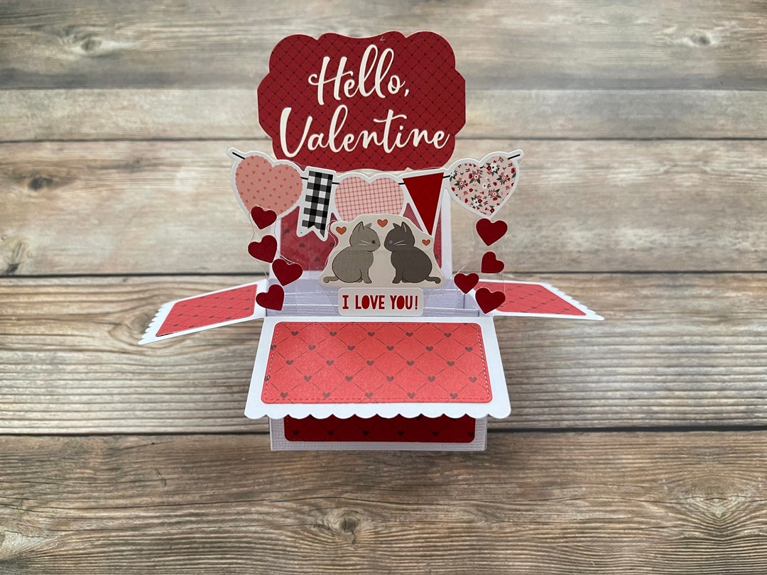 3D Box Box Pop up Valentine's Day Card L Hello Valentine L 2 Cats L ...