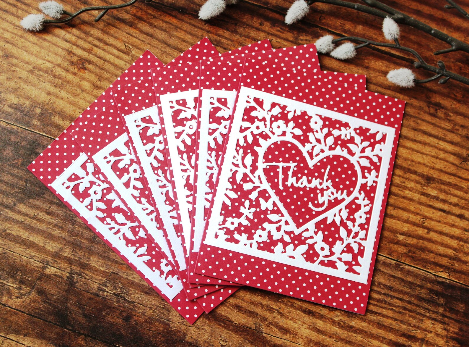 Set of 5 Thank You Notes Red White Floral Polka Dot Blank - Etsy