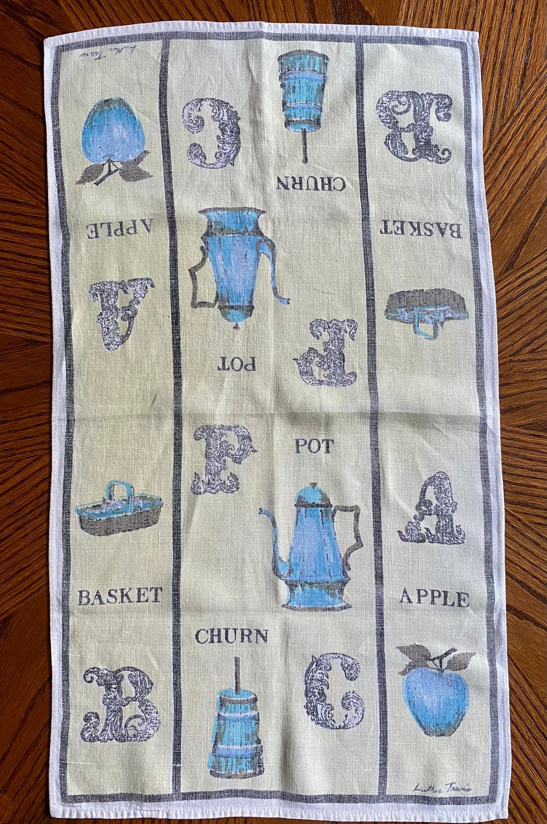 Vintage 1970’s Luther Travis Tea Towel - Green and Blue Kitchen Abc’s ...