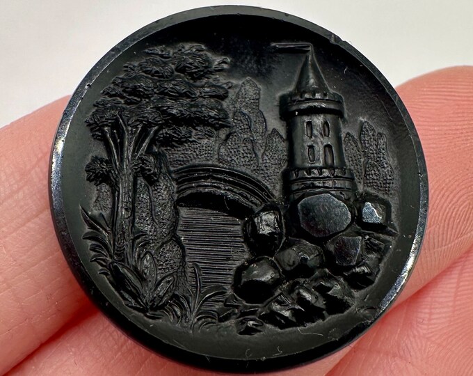 Antique Rare 1800s Large Deknatel Black Glass Picture Button Dec 28 ...