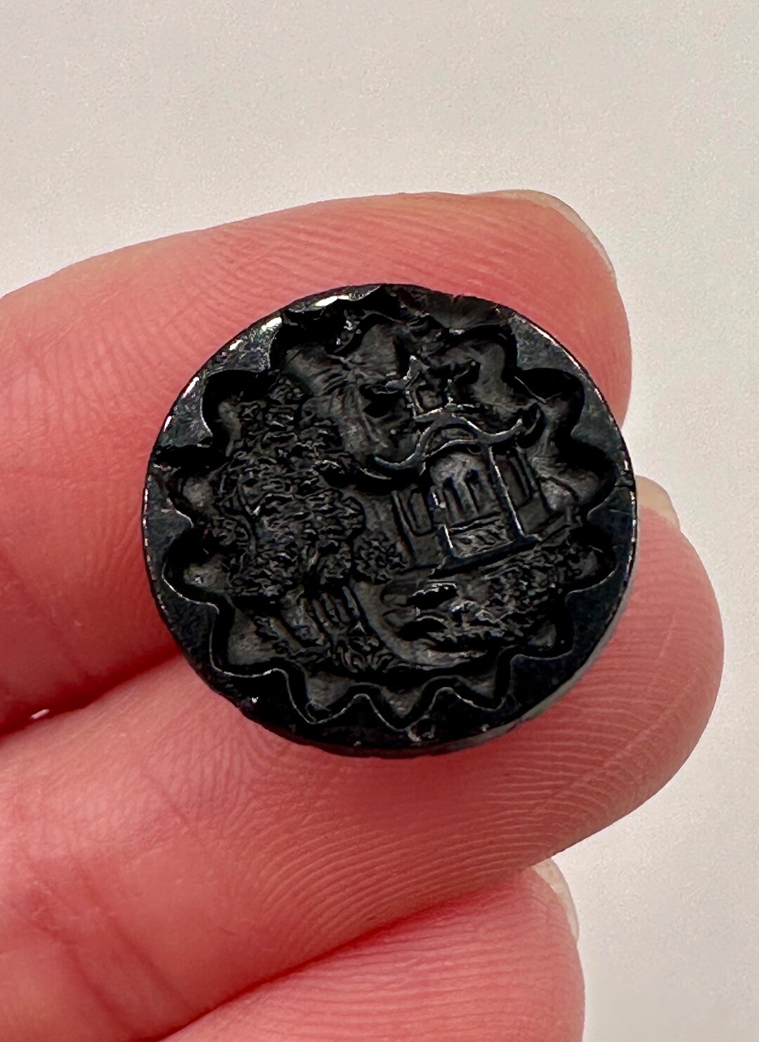 Antique Rare 1800s Deknatel Black Glass Picture Button Dec 28, 1880 ...