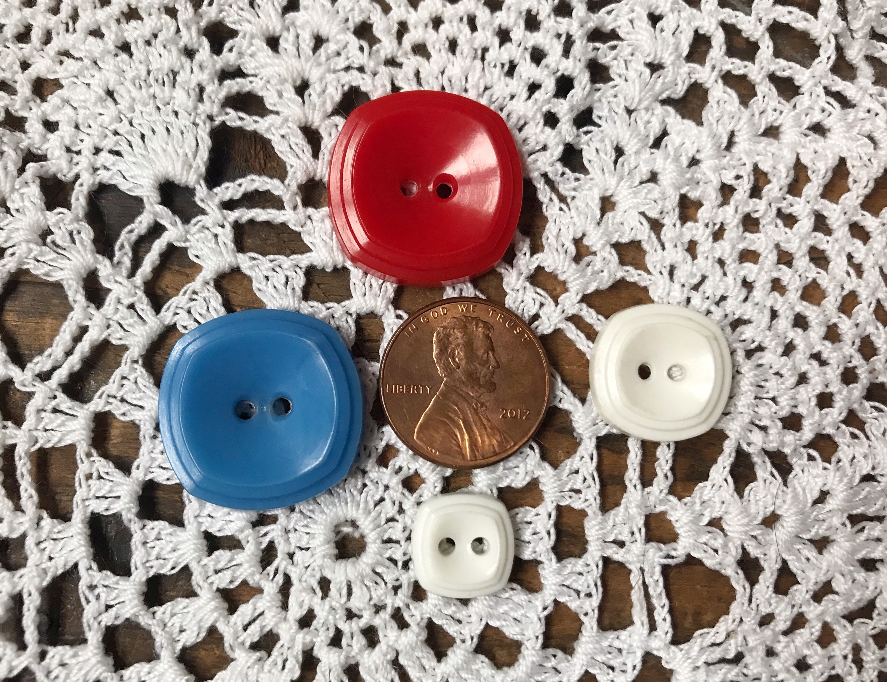 Set of 12 Colt Buttons 8 Pattern Three Sizes, Red White and Light Blue ...