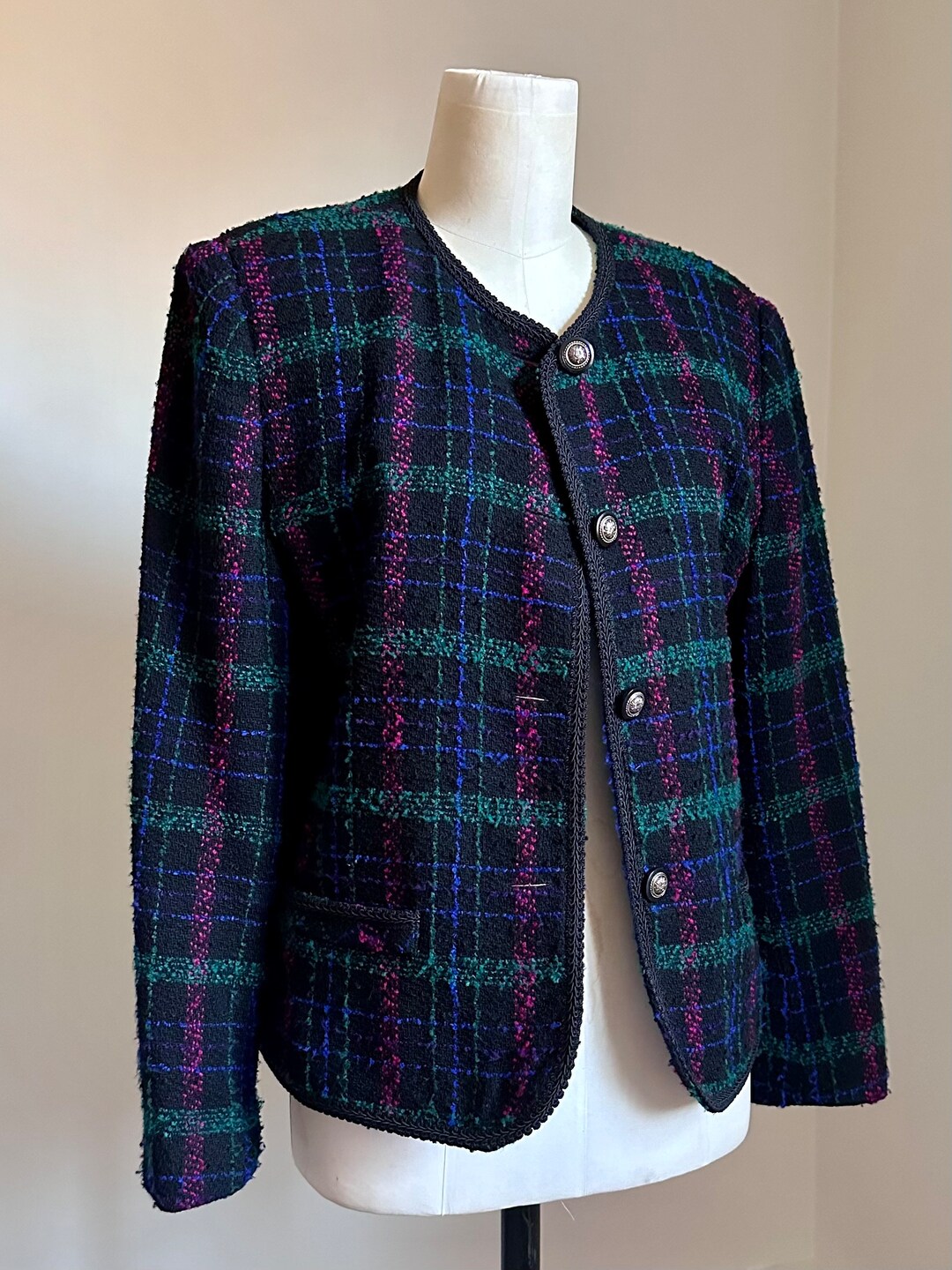Vintage Casablanca Blazer - Black Hot Pink Blue Green Tweed Plaid, 1980’s Chic Blazer Coat, Size ...