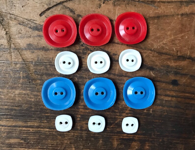Set of 12 Colt Buttons 8 Pattern Three Sizes, Red White and Light Blue ...