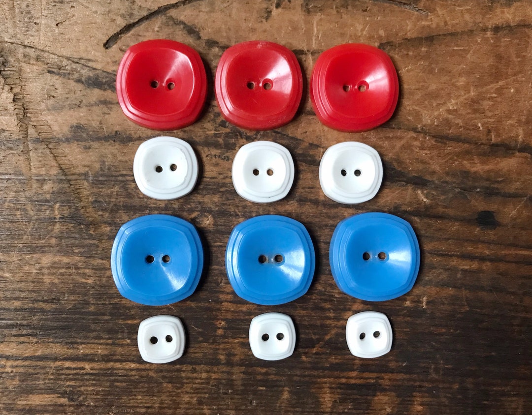Set of 12 Colt Buttons 8 Pattern Three Sizes, Red White and Light Blue ...