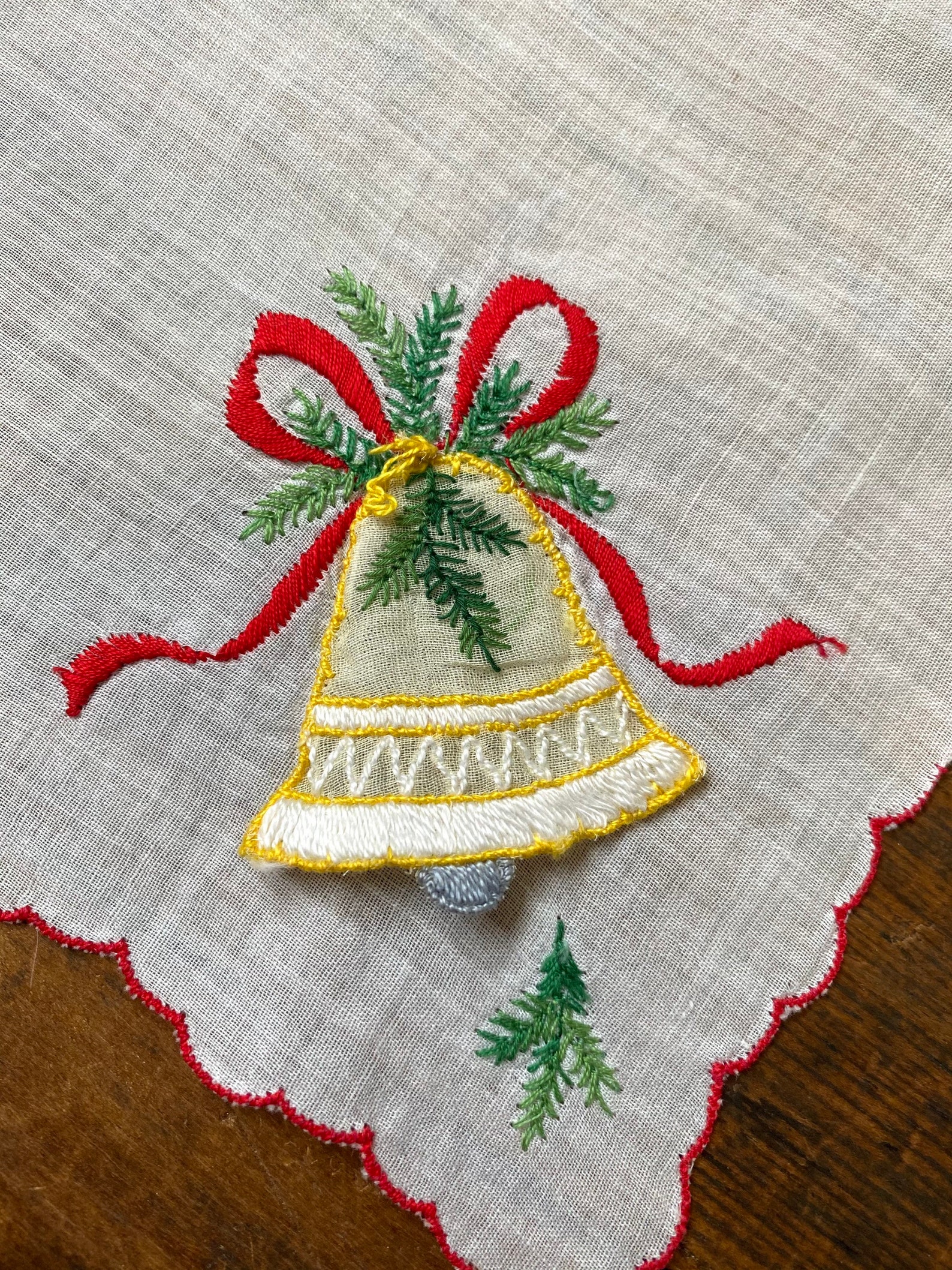 Vintage Christmas Cotton Handkerchief 3D Gold Bell, Holly Leaves and ...