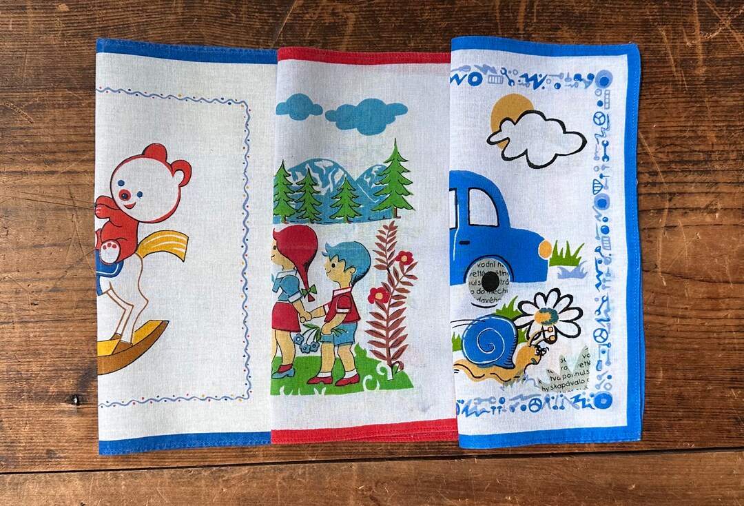 Three Vintage Children’s Handkerchiefs - Lot of 3 Colorful Kids Hankies ...