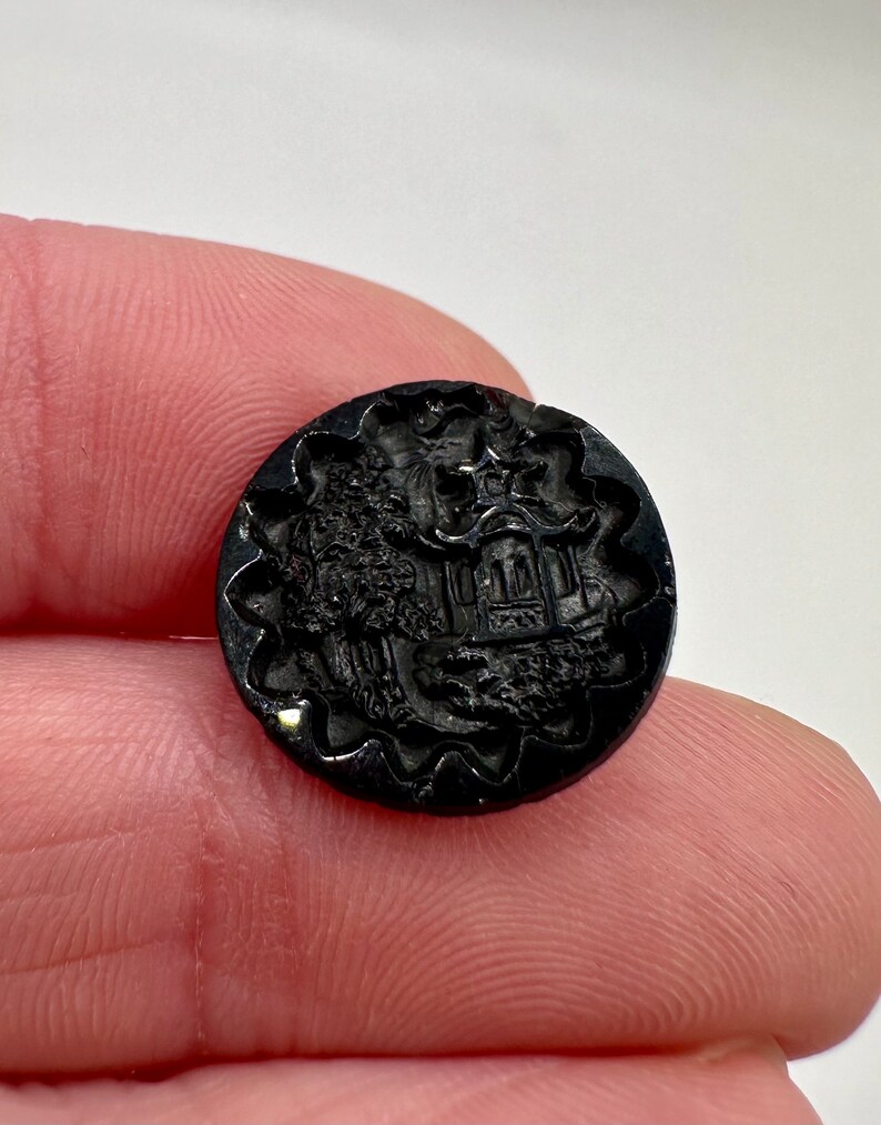 Antique Rare 1800s Deknatel Black Glass Picture Button Dec 28, 1880 ...