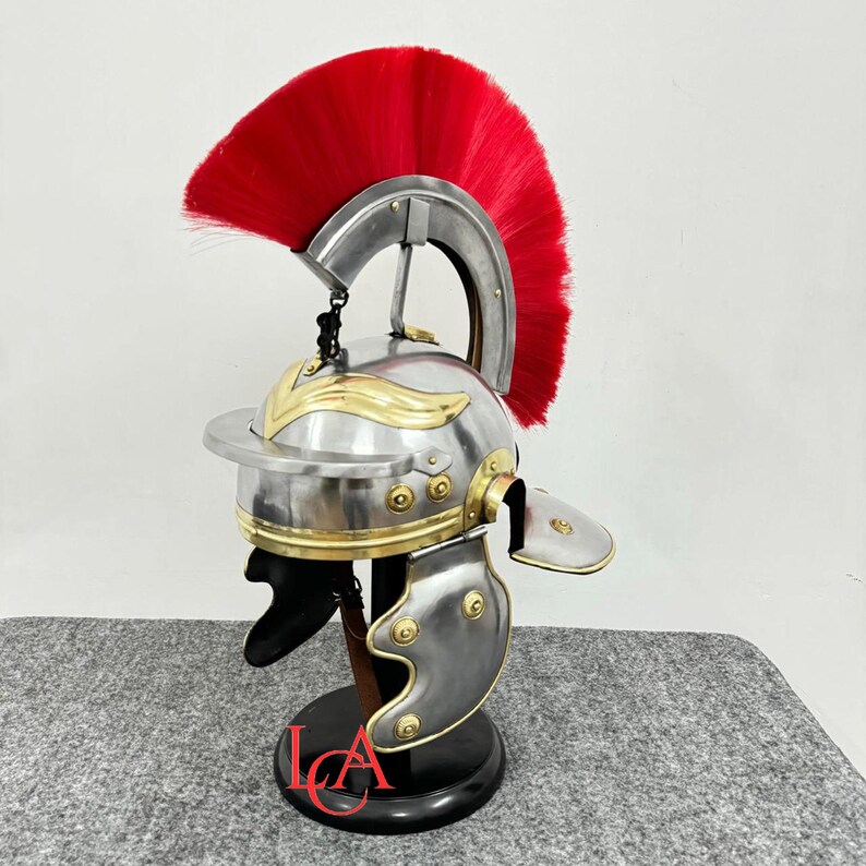 Roman Helmet With Red Plume & Wooden Stand | Centurion Armor Replica - Etsy