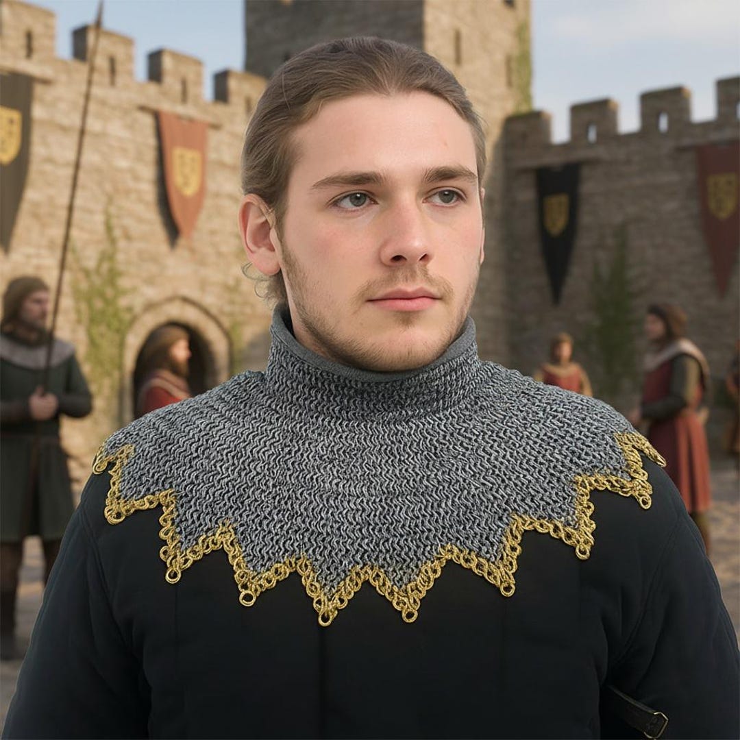 9mm Riveted Chainmail Collar – Brass Ring Zigzag Gorget for LARP ...