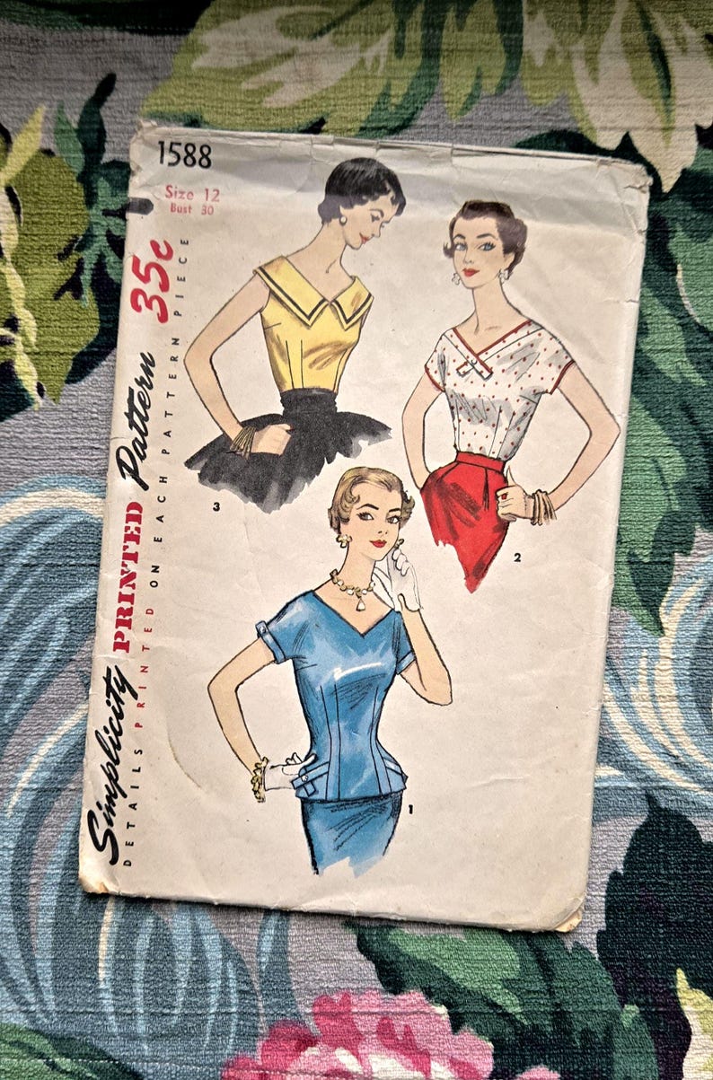 Vintage 1950s Simplicity No. 1588 Womens Top Blouse Sewing Pattern XS ...