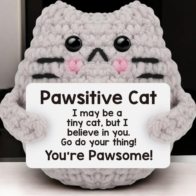 Funny Positive Crochet Cat Plush – Handmade Emotional Support Gift With ...