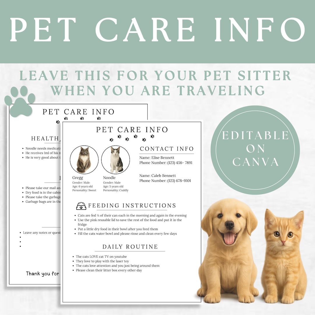 Editable Pet Care Info Sheet | Pet Sitter Instructions | Pet Canva ...
