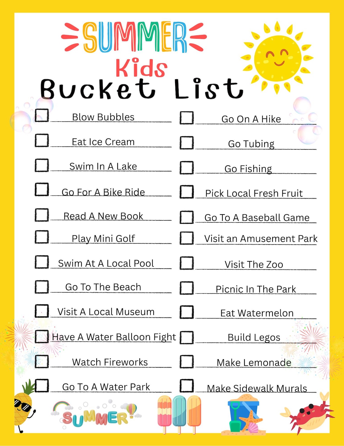 Summer Bucket List for Kids | Printable PDF of Fun Activities - Etsy