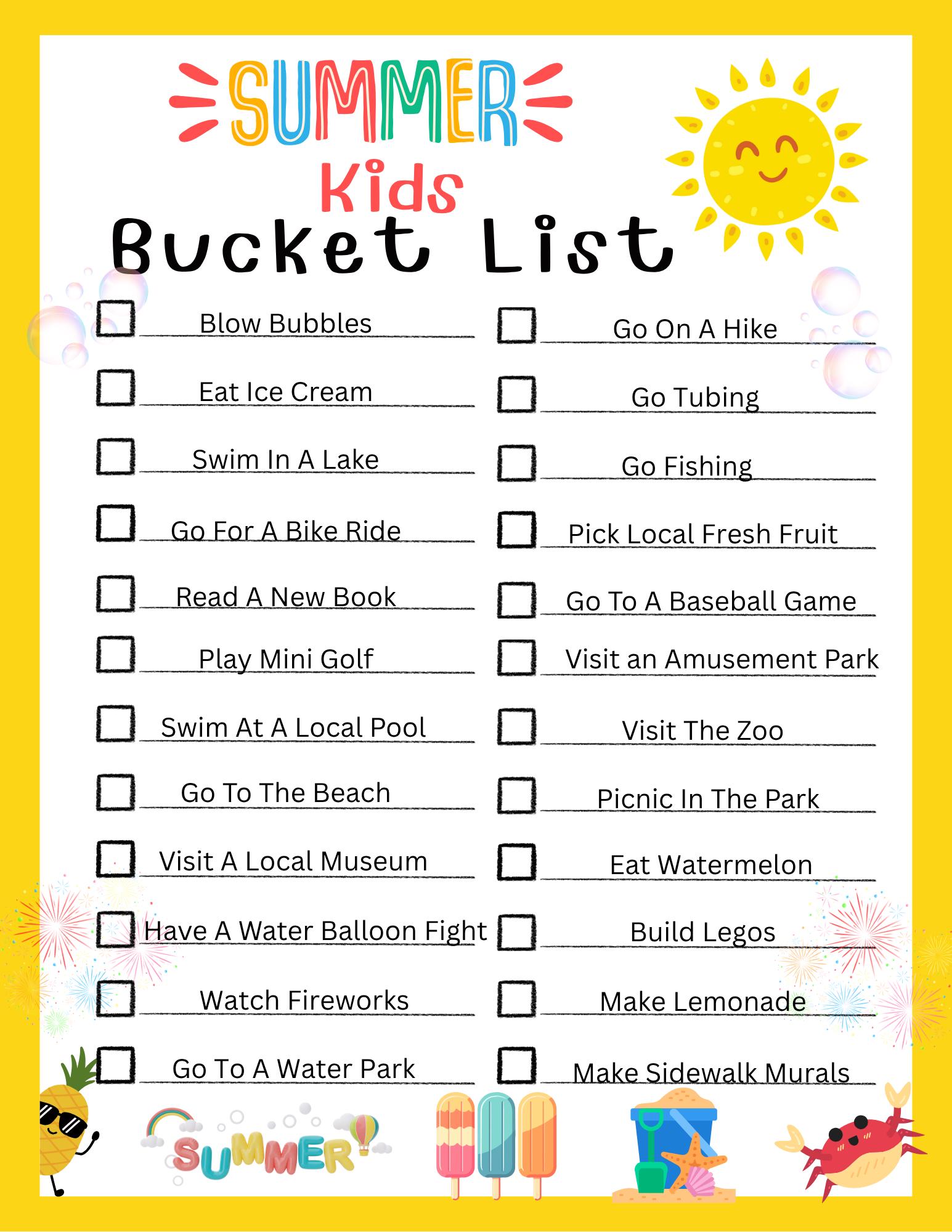 Summer Bucket List for Kids | Printable PDF of Fun Activities - Etsy