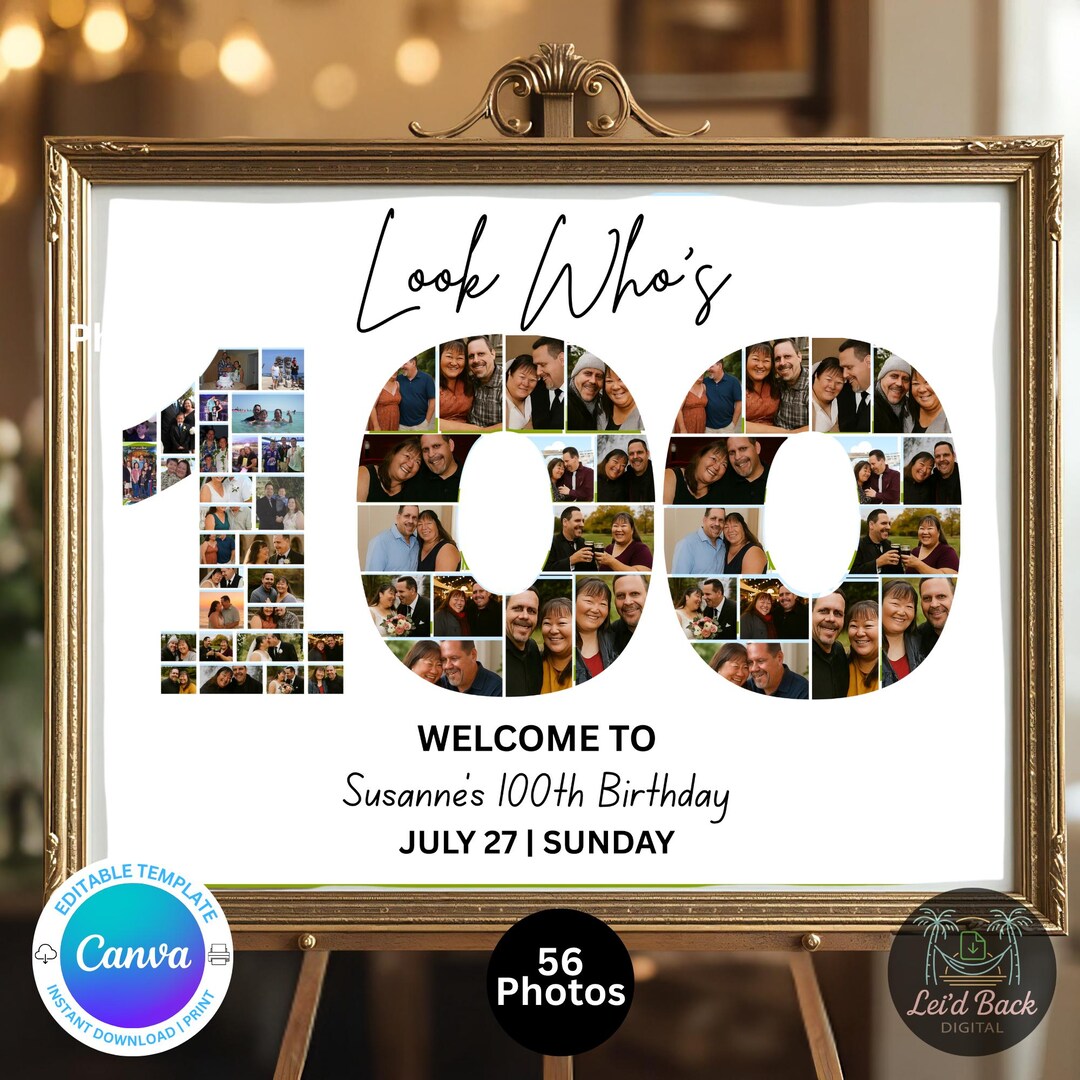 Editable 100th Birthday Photo Collage Welcome Sign Template | Canva ...
