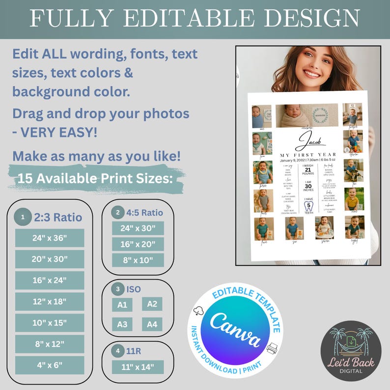 Editable Baby First Year Photo Collage | Monthly Milestone Canva ...