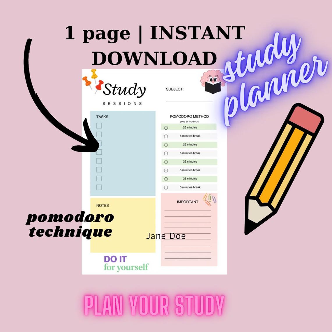 Pomodoro Study Planner – 1 Page Printable | Instant Download Study ...