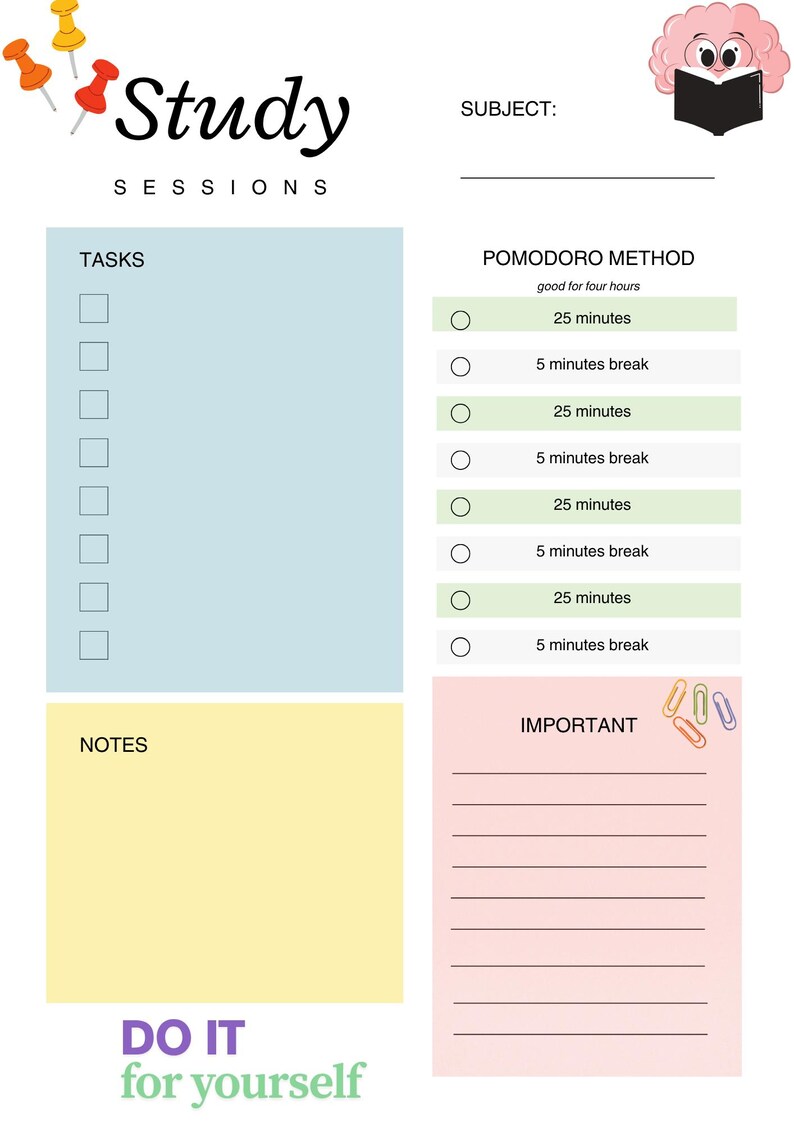 Pomodoro Study Planner – 1 Page Printable | Instant Download Study ...