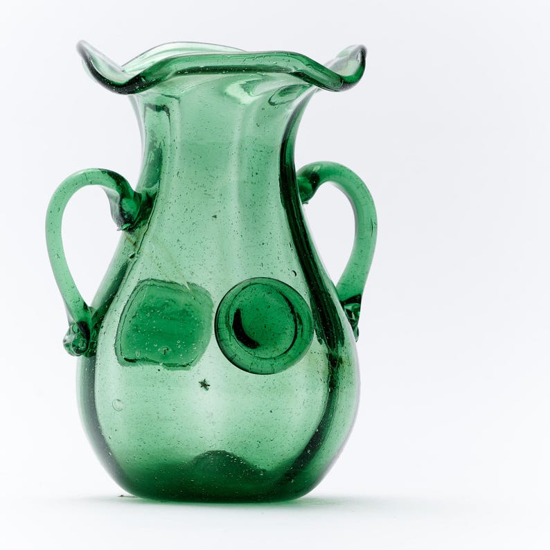 Vintage Handblown Green Glass Jug With Handles & Seals – Decorative Artisan Pitcher, Rustic ...